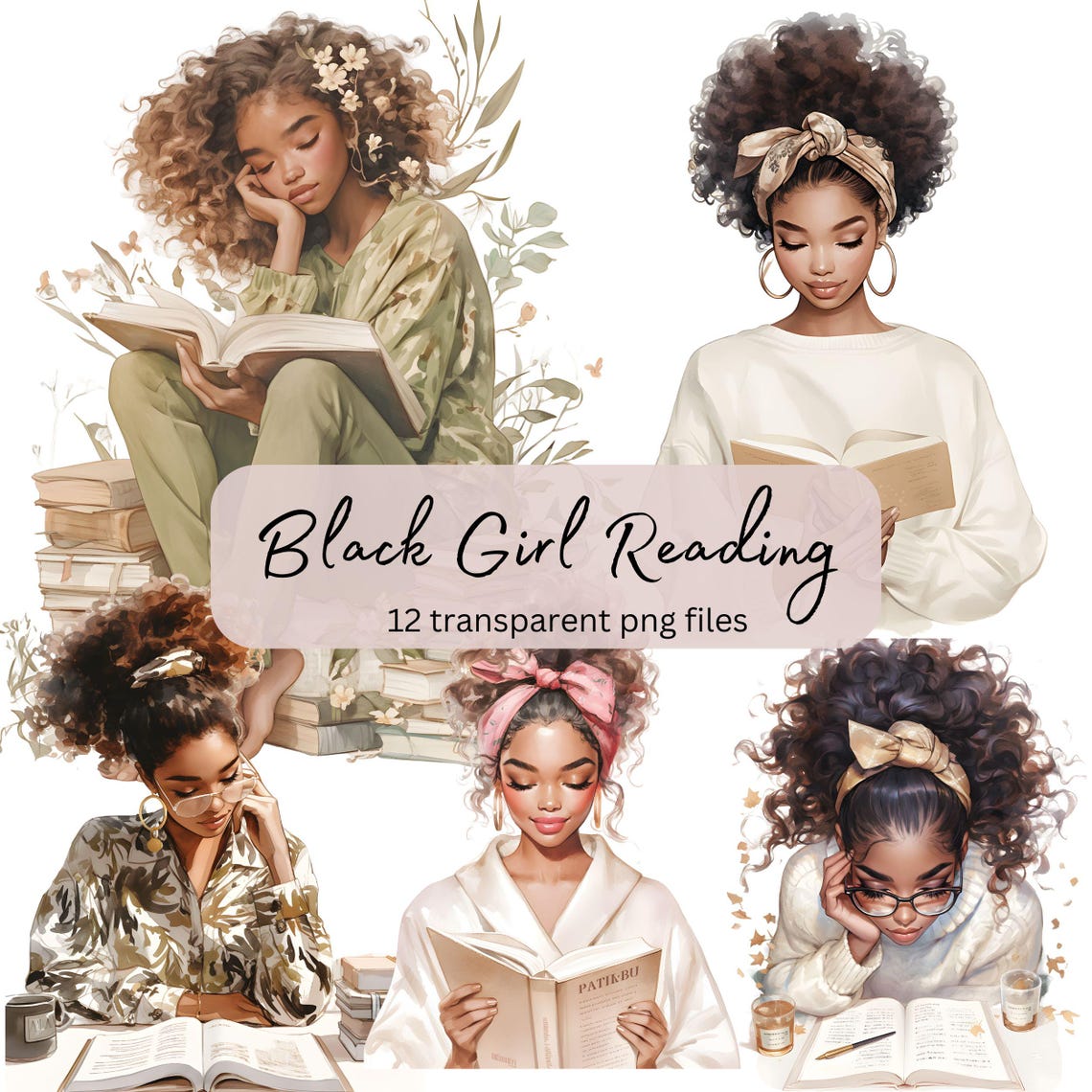 Bookworm Reading Watercolor Clipart Bundle, Transparent PNG, Girl ...