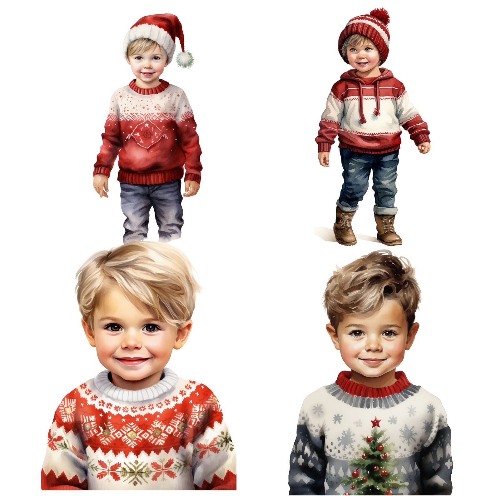Christmas Little Boy Watercolor Clipart Bundle, Transparent PNG, Cute ...
