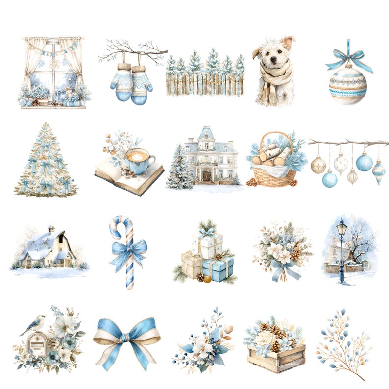 Dreamy Blue Christmas, Winter Cozy Holiday Watercolor Clipart Bundle ...