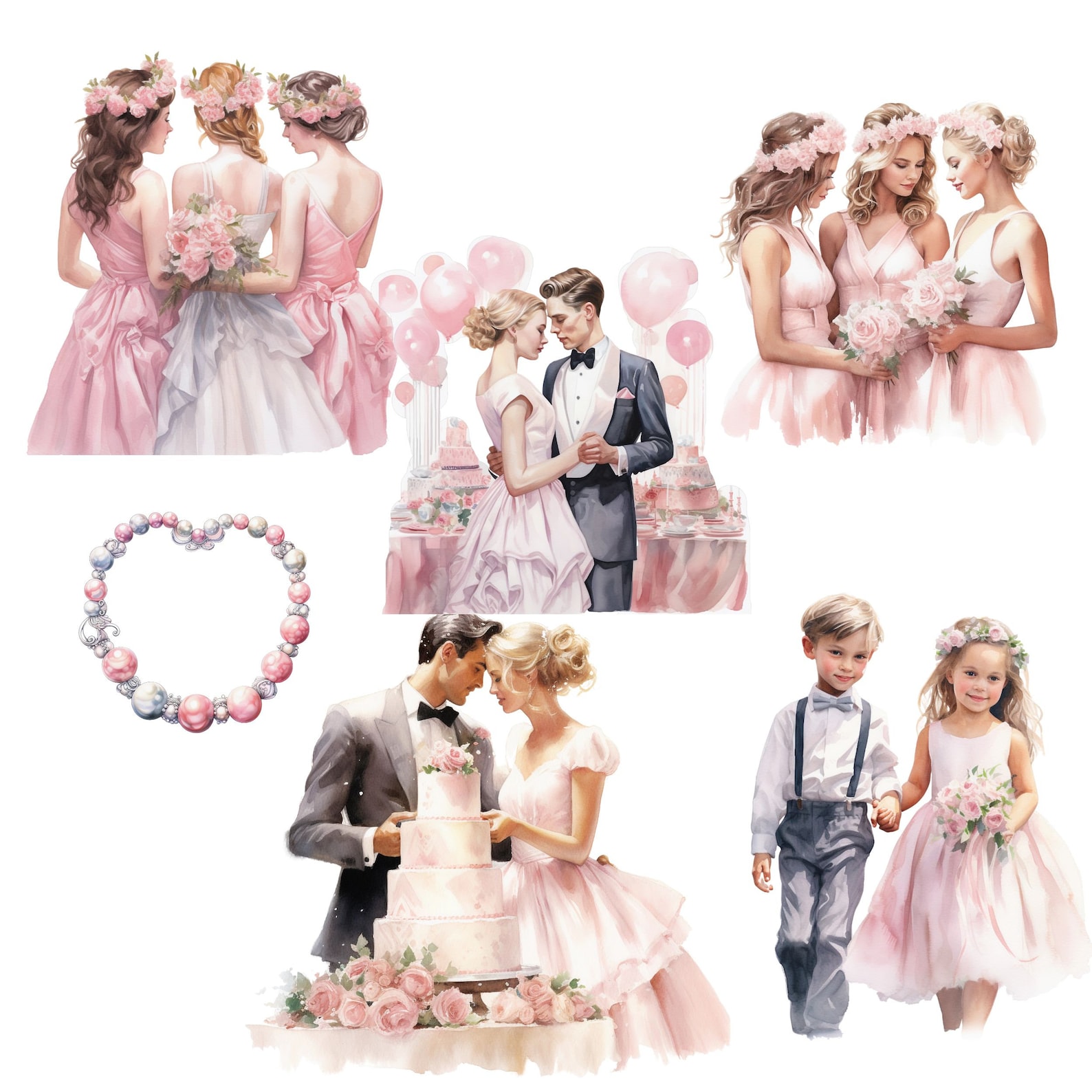 Pink Wedding Day Clipart Bundle Watercolor, Transparent PNG, Bride ...