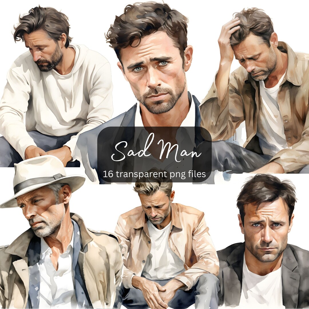 Sad Man Watercolor Clipart Bundle, Transparent PNG, Digital Download ...