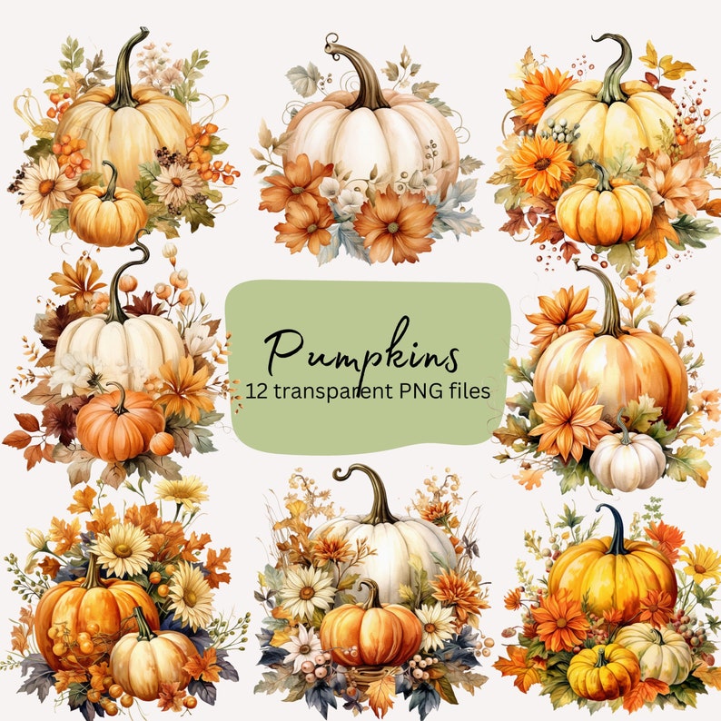 Autumn Pumpkins Watercolor Clipart Bundle Transparent PNG - Etsy
