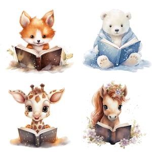 Cute Animals Reading Book Watercolor Clipart, Transparent PNG, Digital ...