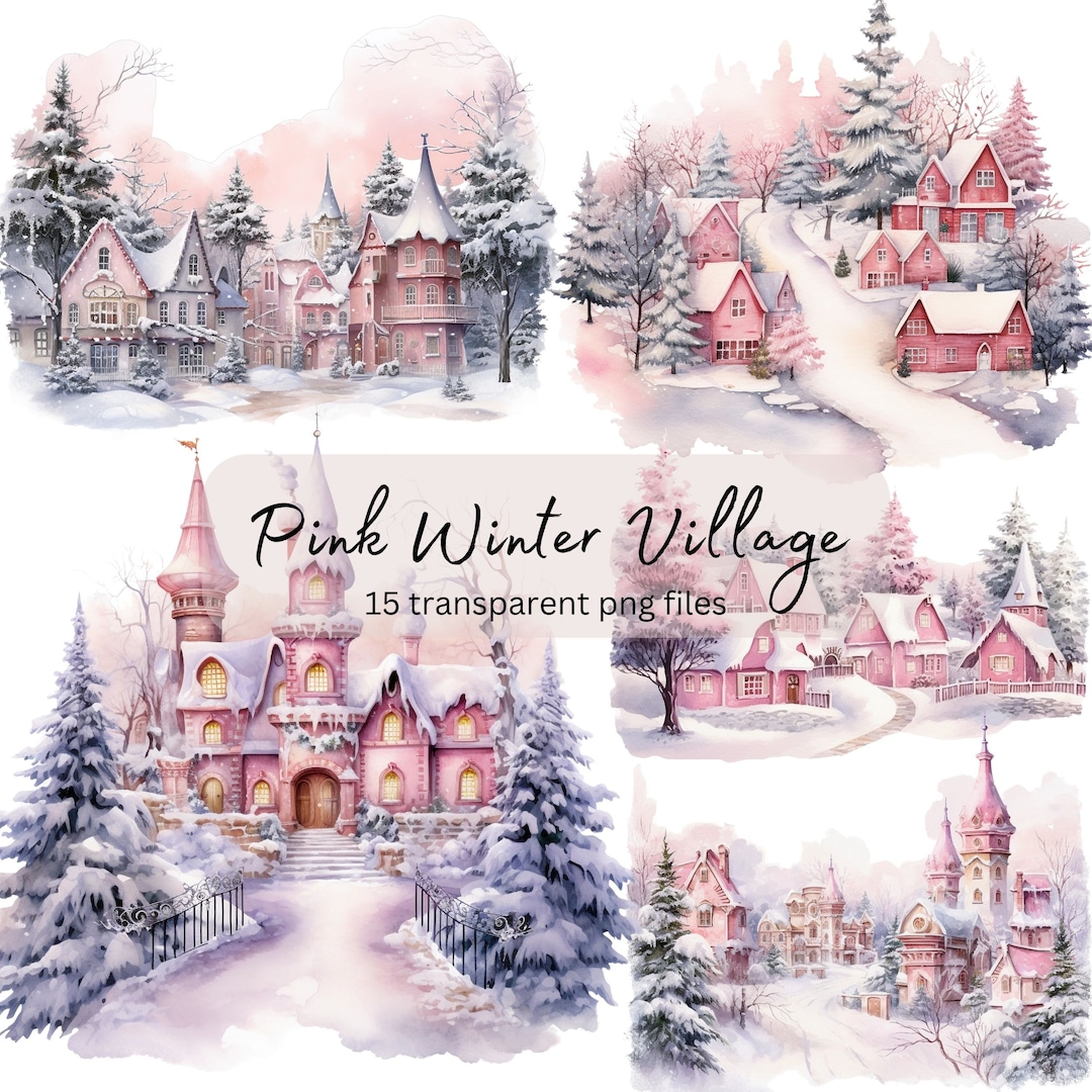 Pink Winter Village Watercolor Clipart Bundle,transparent PNG, Fantacy ...