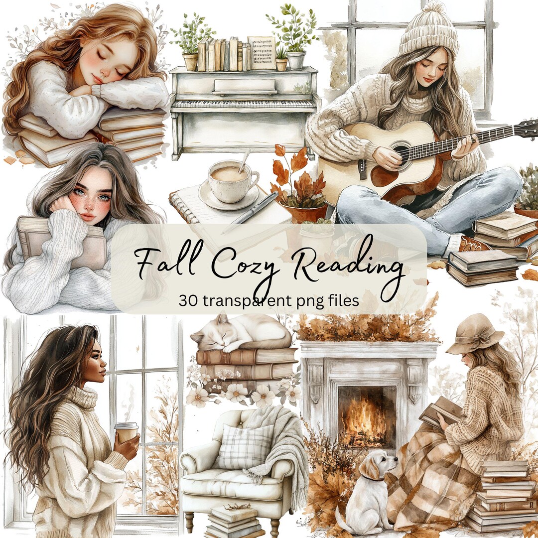 Fall Cozy Reading Watercolor Clipart, Cottagecore Bookworm, Transparent ...