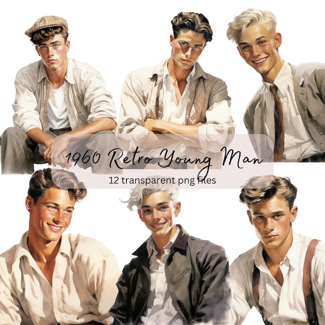 Retro Young Man Watercolor Clipart Bundle, Transparent PNG, Digital ...