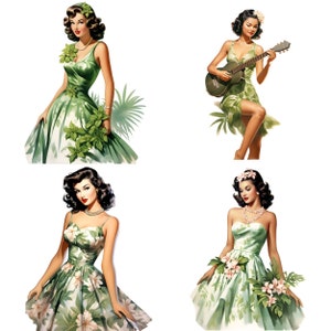 Hula Pin up Girls Watercolor Clipart Bundle, Transparent PNG, Pretty ...