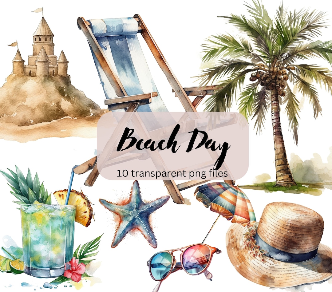 Summer Beach Watercolor Clipart Bundle, Transparent PNG, Travel ...