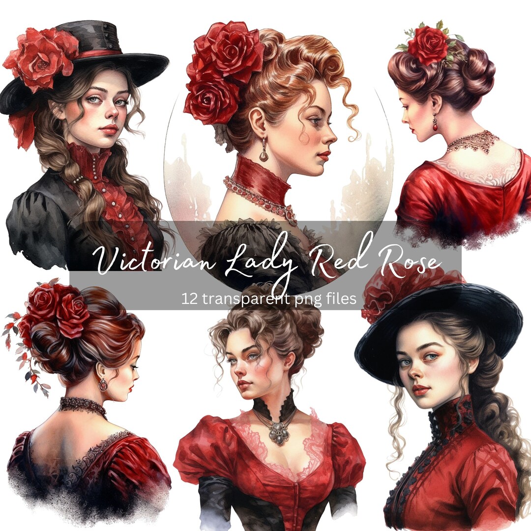 Victorian Lady Red Rose Watercolor Clipart Bundle, Transparent PNG ...