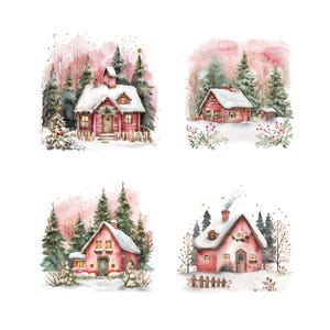 Christmas Pink Cabin Watercolor Clipart Bundle, Transparent Png,holiday ...
