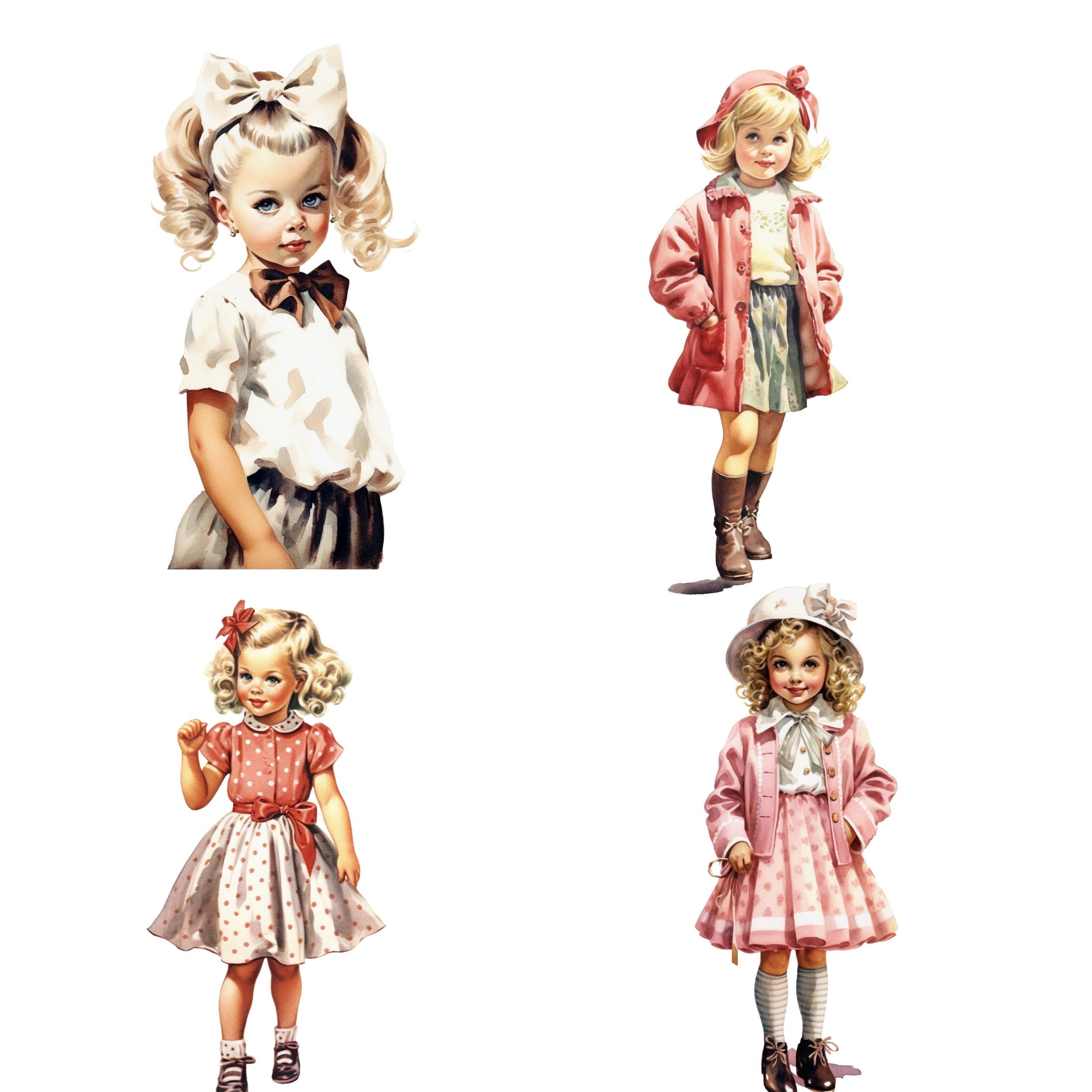 Retro Little Girl Watercolor Clipart Bundle Transparent PNG - Etsy