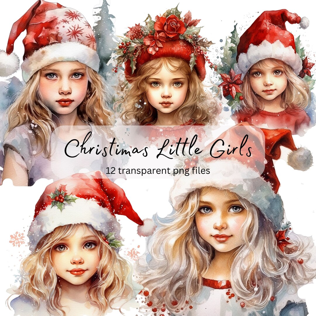 Christmas Little Girls Watercolor Clipart Bundle, Transparent PNG, Cute ...