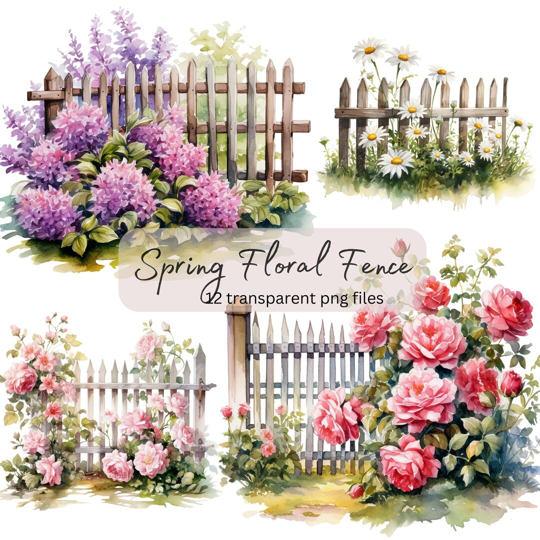 Spring Floral Fence Watercolor Clipart Bundle, Transparent PNG, Digital ...