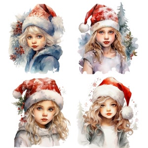 Christmas Little Girls Watercolor Clipart Bundle, Transparent PNG, Cute ...