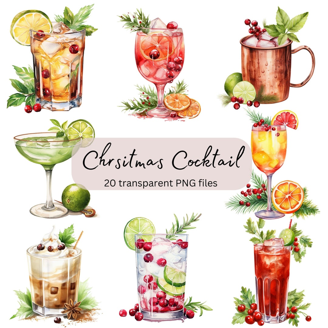 Christmas Cocktail Clipart Watercolor Bundle, Transparent PNG, Holiday ...
