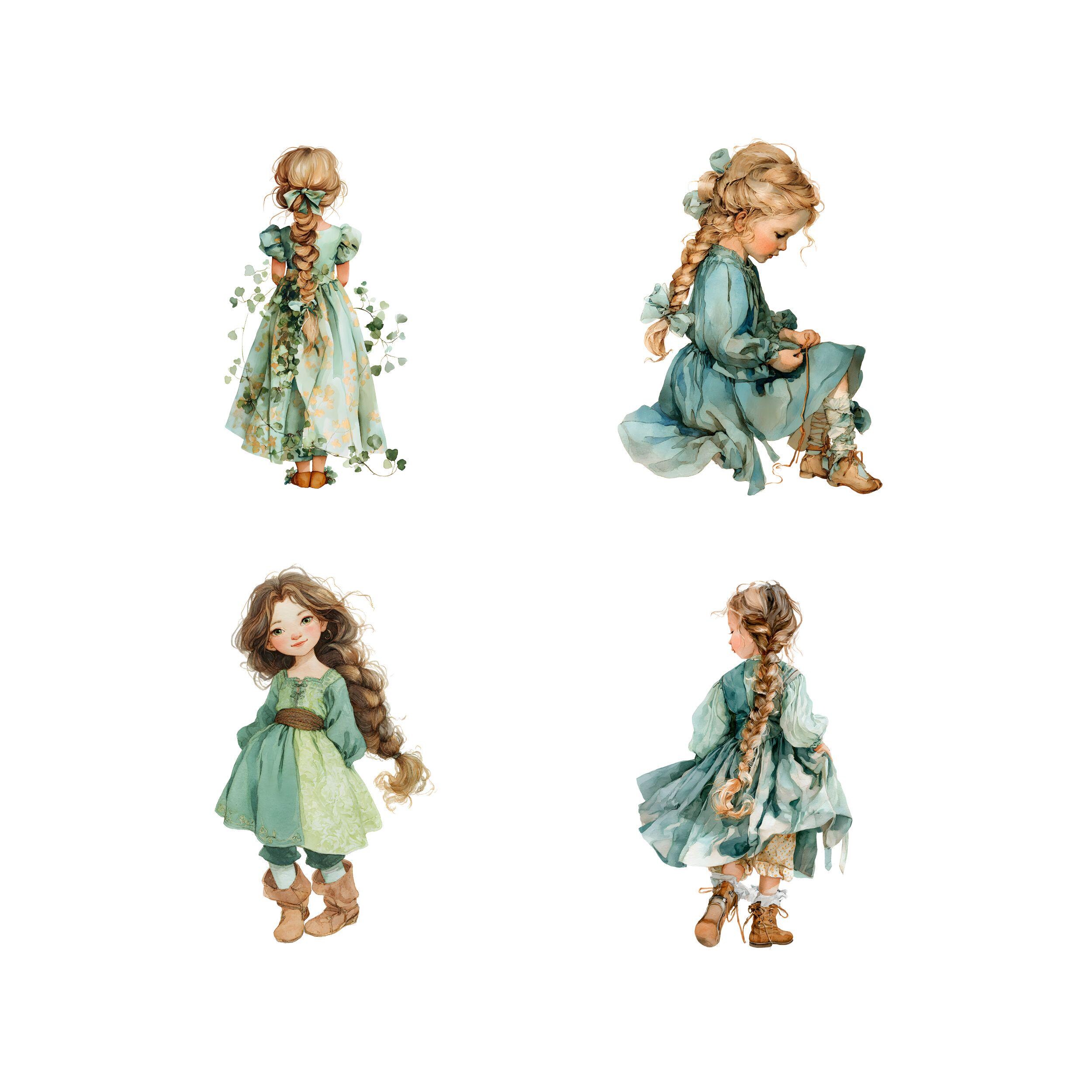 Green Cottage Little Girl Watercolor Clipart Bundle, Summer Kids ...