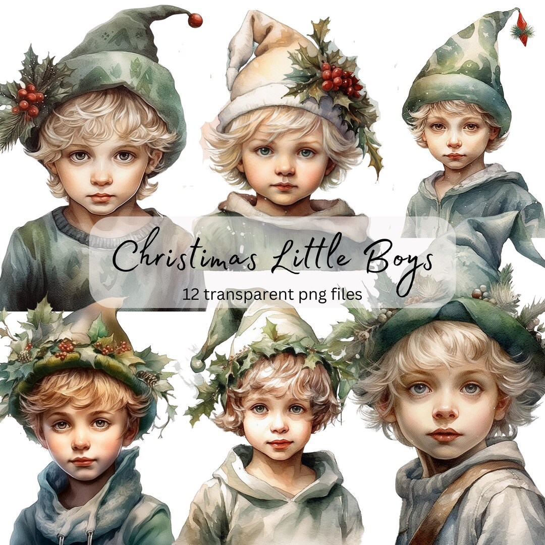 Christmas Elf Boys Watercolor Clipart Bundle, Transparent PNG, Cute ...