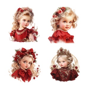 Red Rose Vintage Little Girl Watercolor Clipart Bundle, Transparent PNG ...
