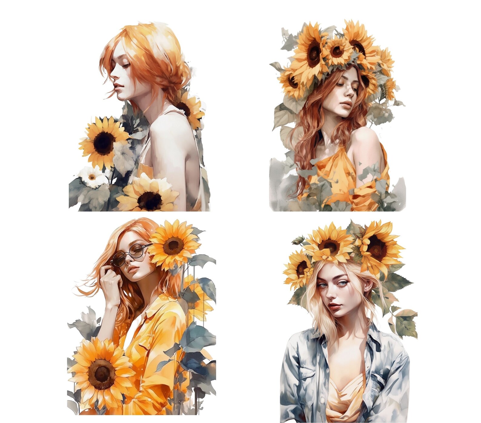 Sunflower Girls Watercolor Clipart Bundle, Transparent PNG, Digital ...