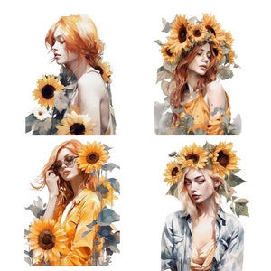 Sunflower Girls Watercolor Clipart Bundle, Transparent PNG, Digital ...