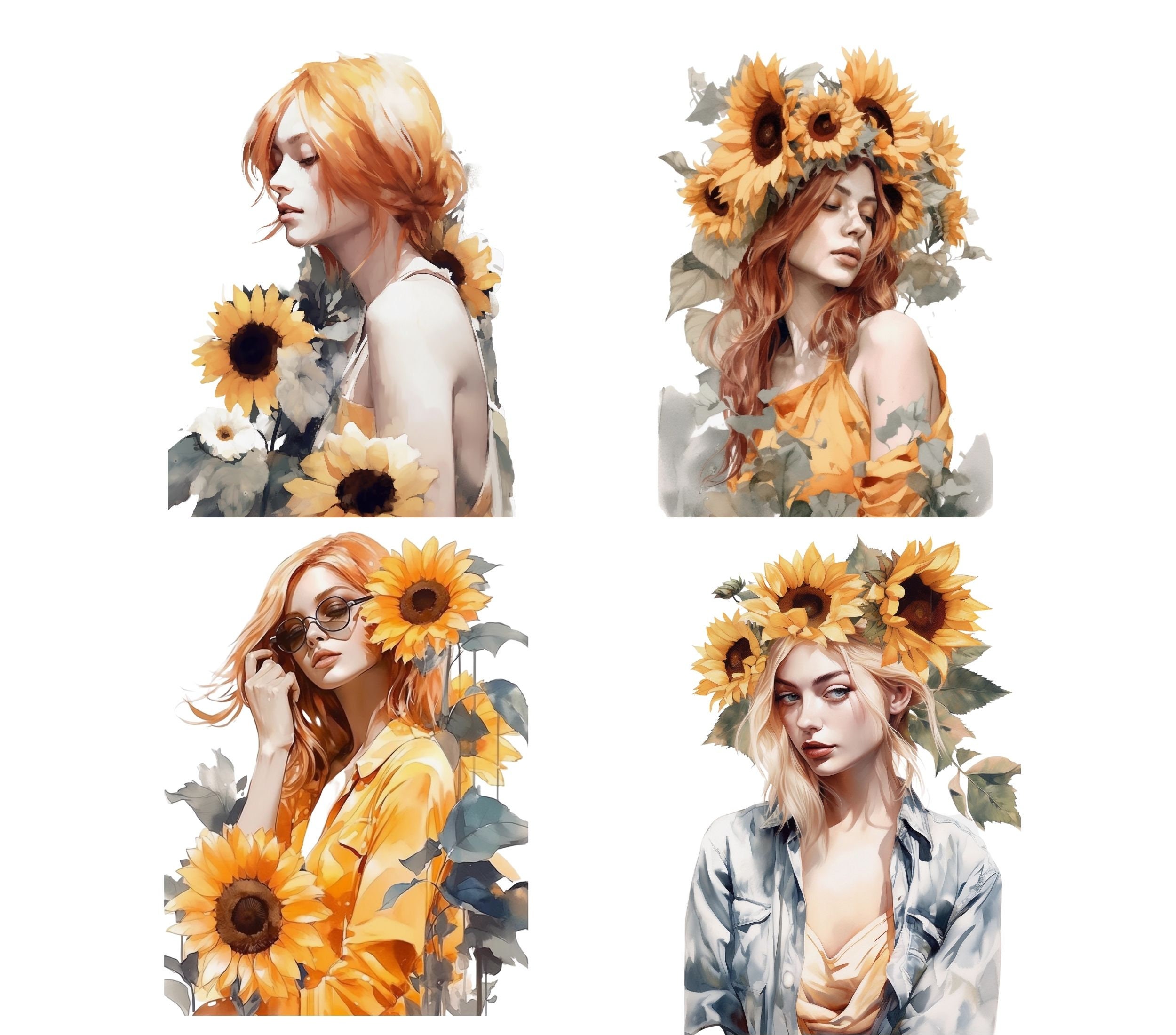 Sunflower Girls Watercolor Clipart Bundle, Transparent PNG, Digital ...
