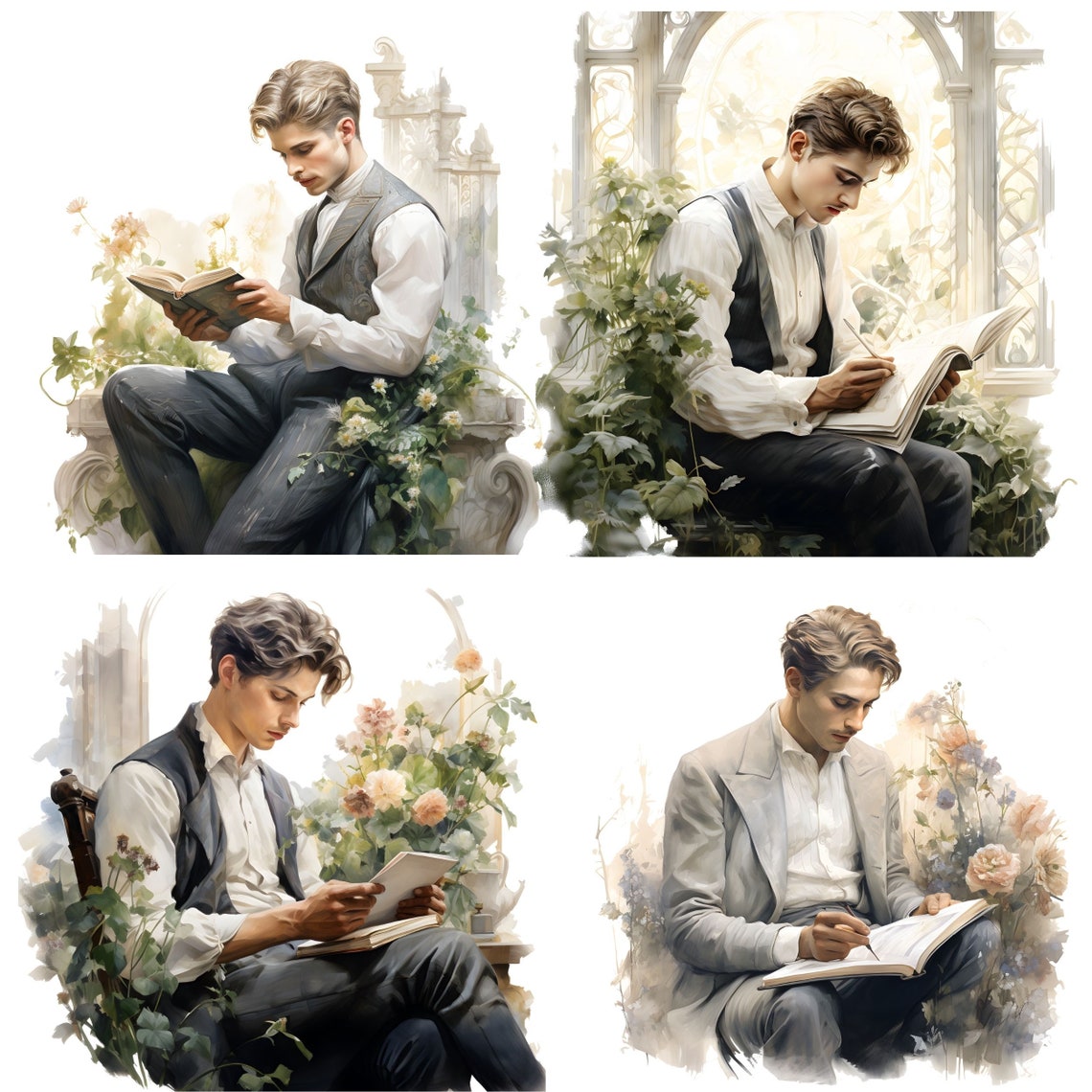 Victorian Man Reading Vintage Watercolor Clipart Bundle,transparent PNG ...