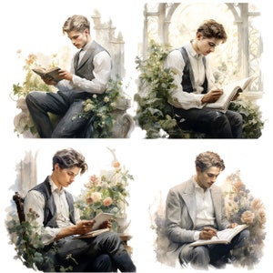 Victorian Man Reading Vintage Watercolor Clipart Bundle,transparent PNG ...