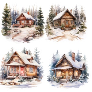 Winter Forest Cabin Watercolor Clipart, Transparent PNG, Landscape ...