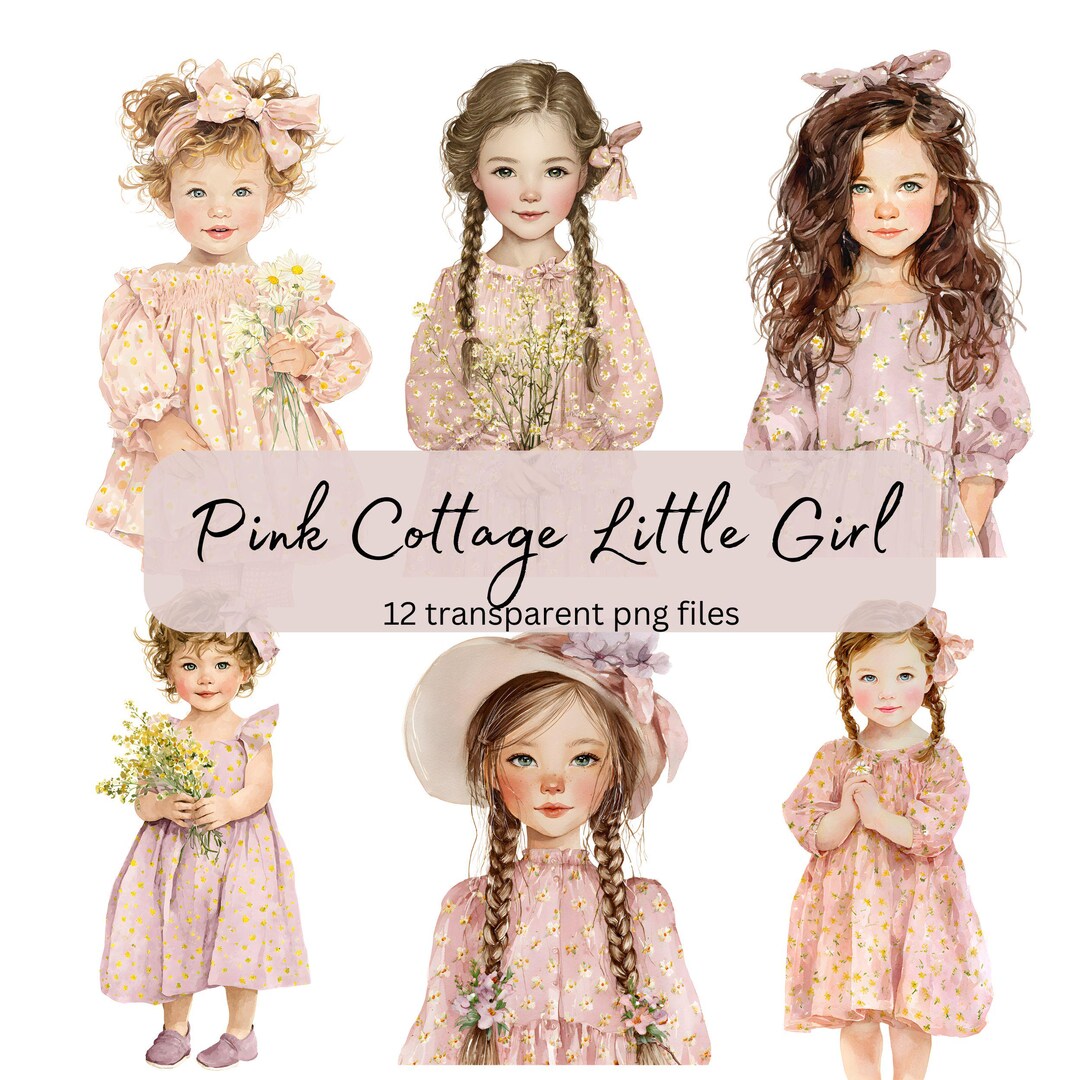 Pink Cottage Little Girl Watercolor Clipart Bundle, Summer Kids ...