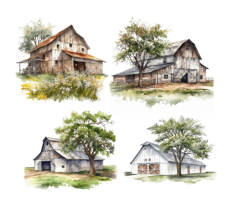 Farm Barn Watercolor Clipart Bundle, Transparent PNG, Farmhouse Clipart ...