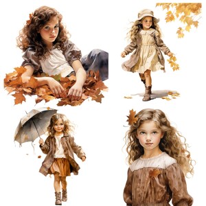 Autumn Retro Little Girl Watercolor Clipart Bundle, Transparent PNG ...