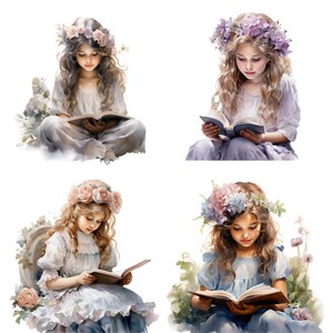 Little Girl Reading Watercolor Clipart Bundle, Transparent PNG ...