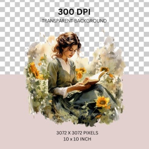 Vintage Lady Reading Watercolor Clipart Bundle, Transparent PNG, Girl ...