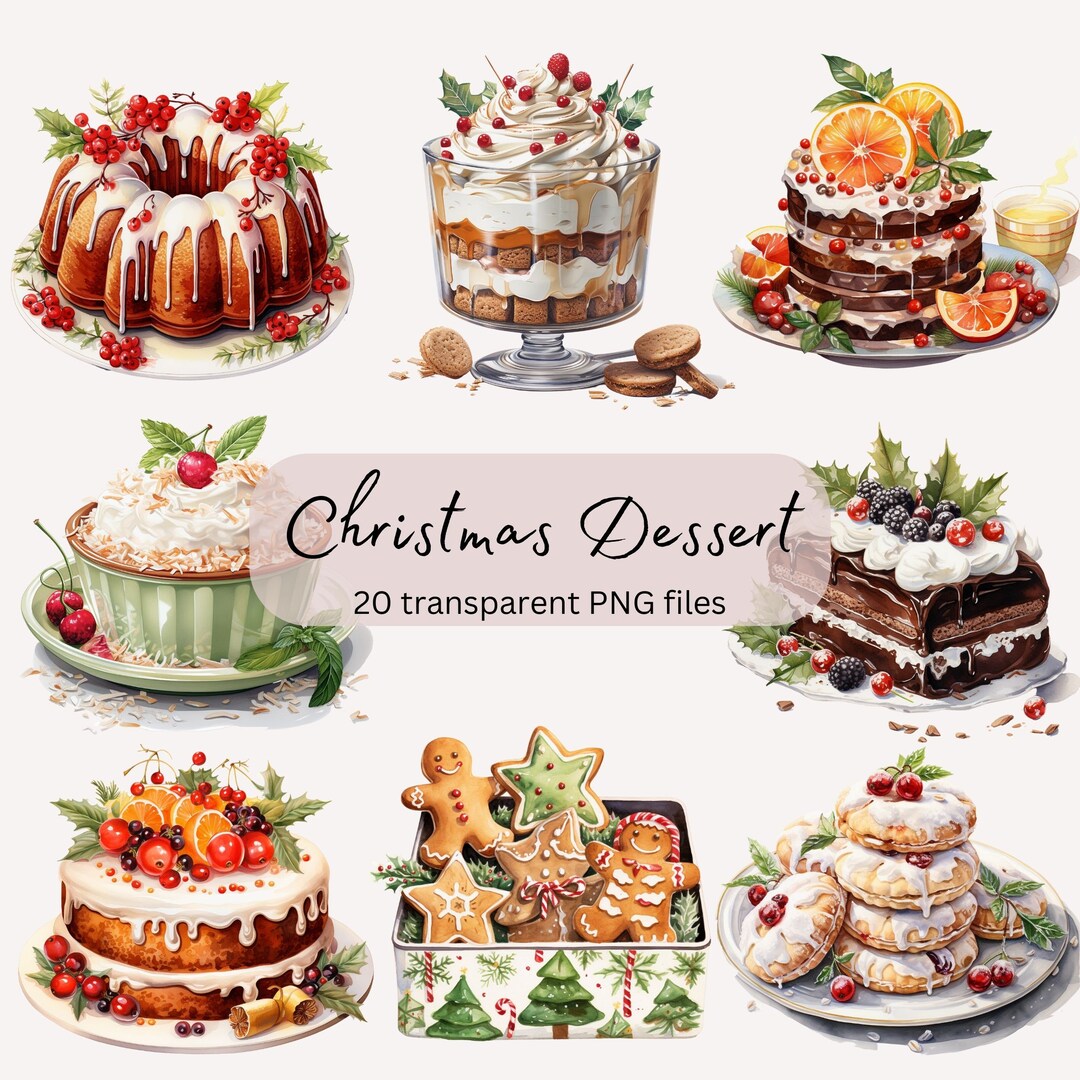 Christmas Dessert Clipart Watercolor Bundle, Transparent PNG, Holiday ...