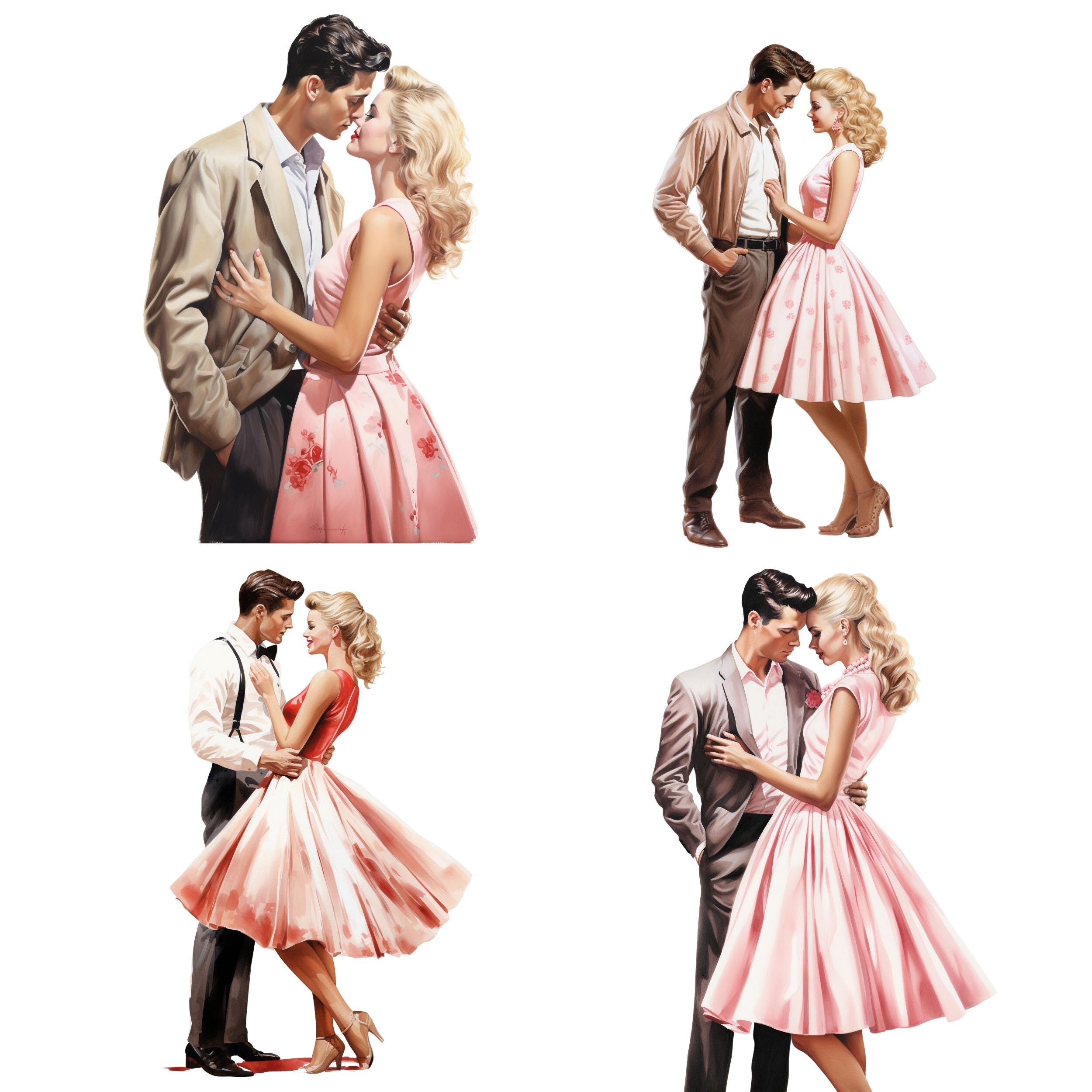 Retro Loving Couple Watercolor Clipart Bundle, Transparent PNG, Pretty ...