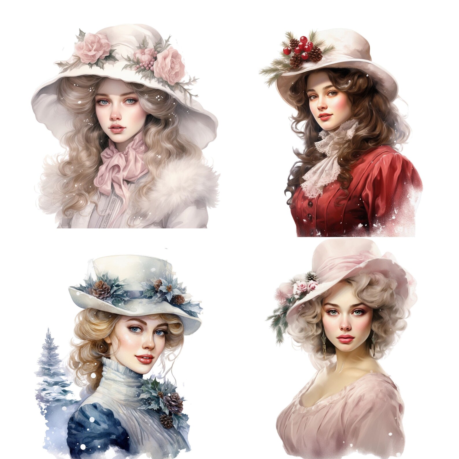 Winter Victorian Lady Vintage Watercolor Clipart Bundle, Transparent ...