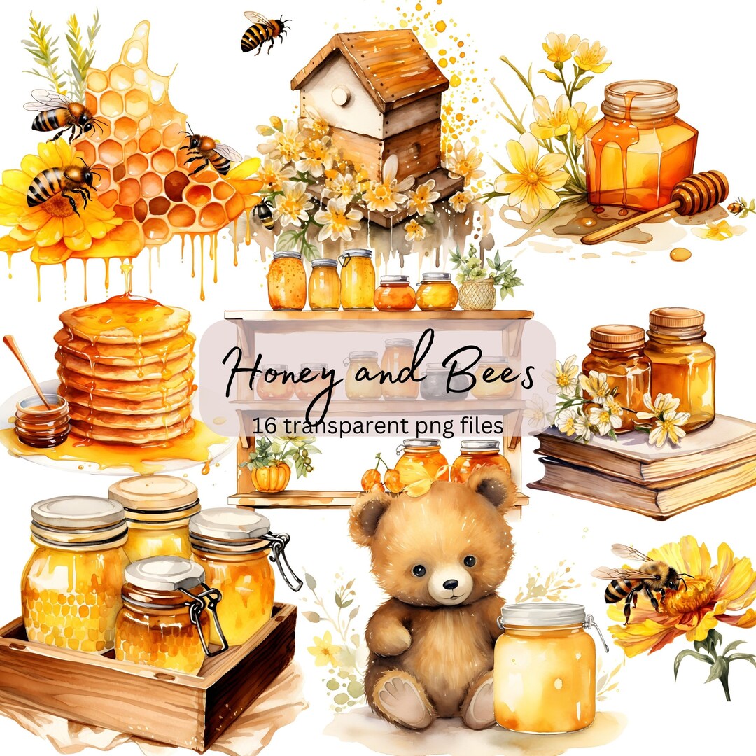 Honey and Bumble Bee Watercolor Clipart Bundle, Transparent PNG ...