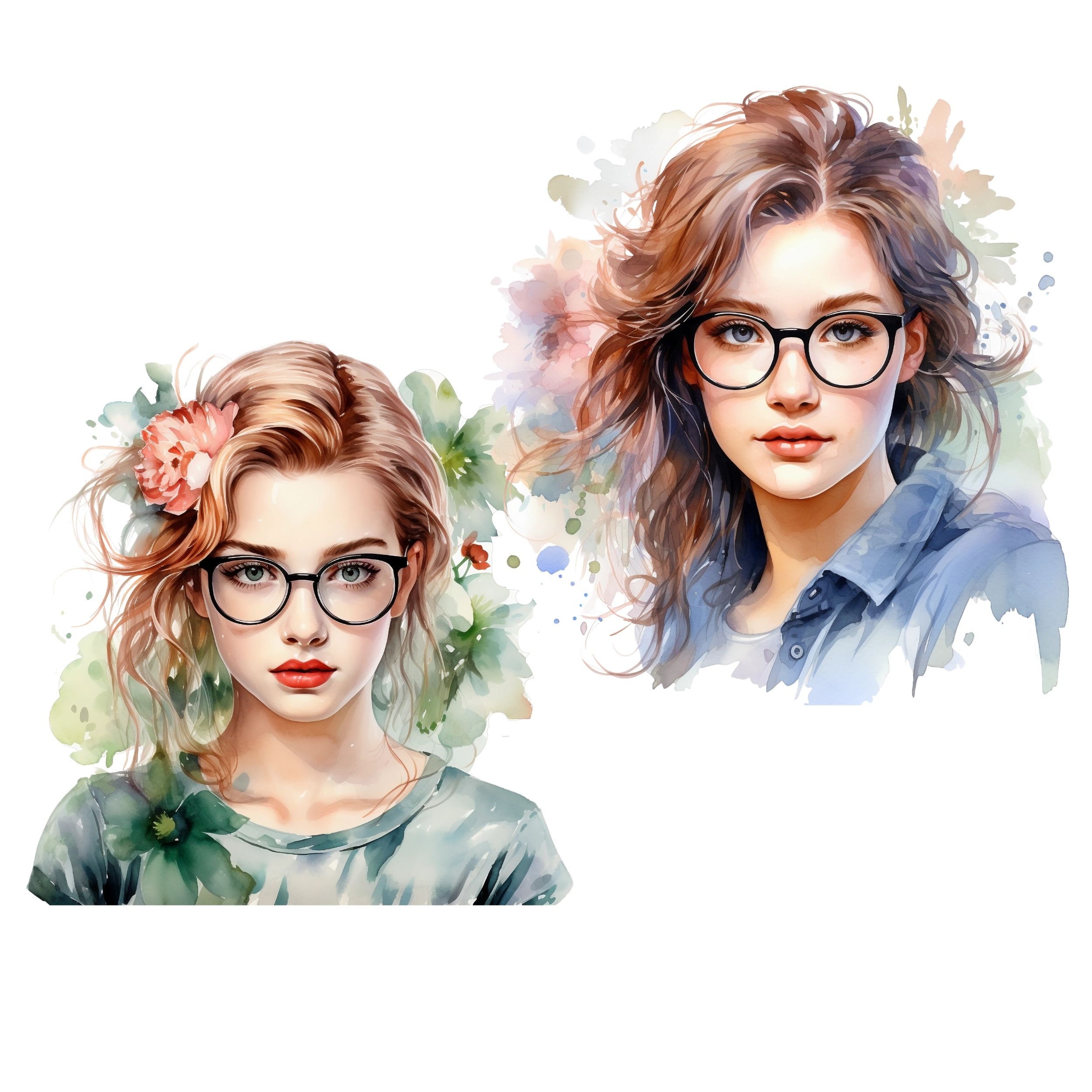 Girl With Glasses Watercolor Clipart Bundle, Transparent PNG, Pretty ...