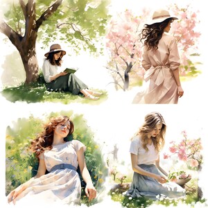 Girls in Spring Season Watercolor Clipart Bundle, Transparent PNG ...