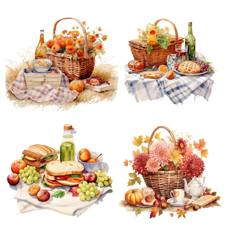 Autumn Picnic Watercolor Clipart Bundle, Transparent PNG, Digital ...