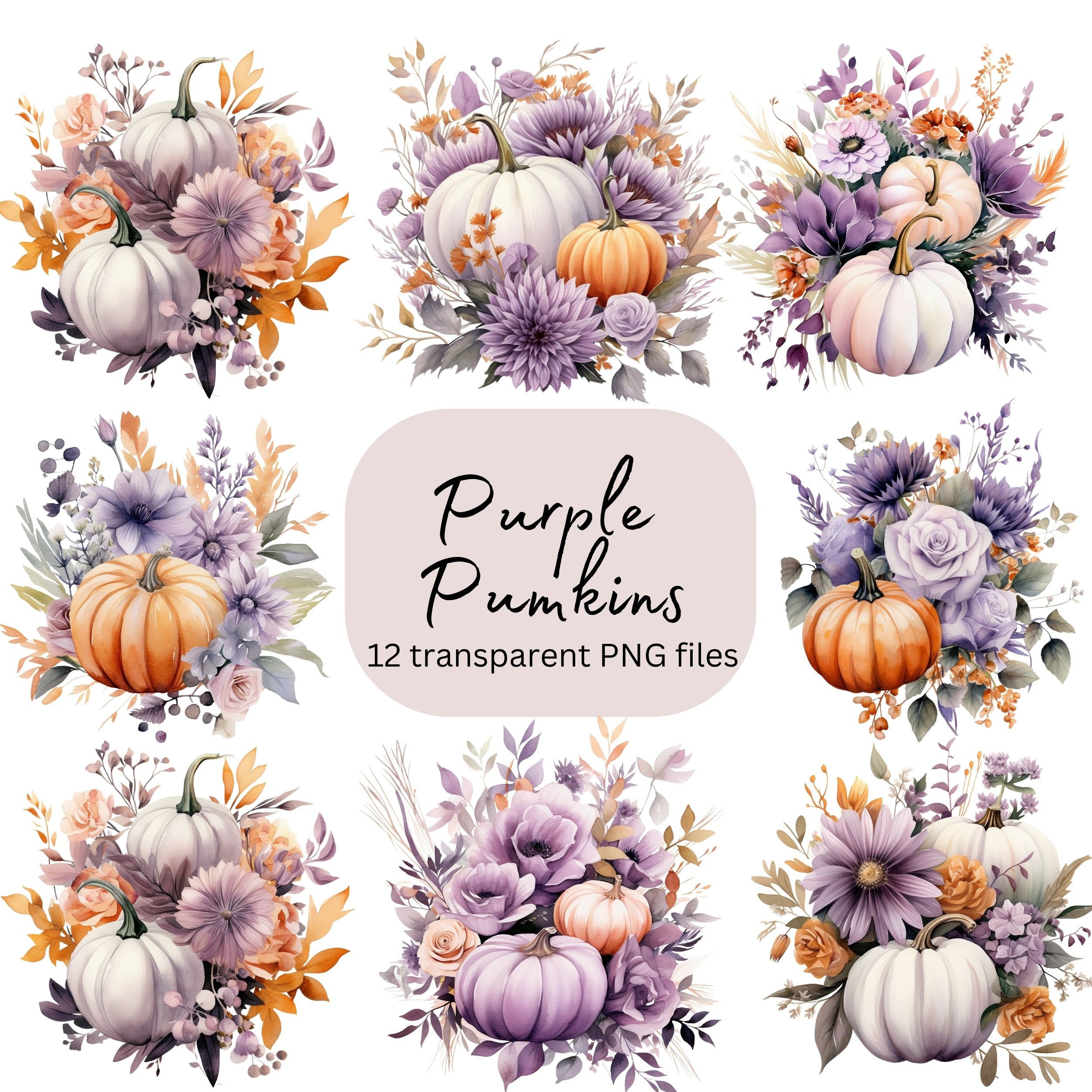 Purple Pumpkins Watercolor Clipart Bundle Transparent PNG - Etsy