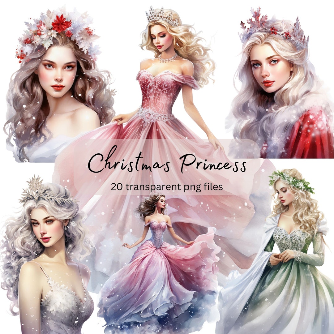 Christmas Princess Clipart Watercolor Bundle, Transparent PNG, Holiday ...