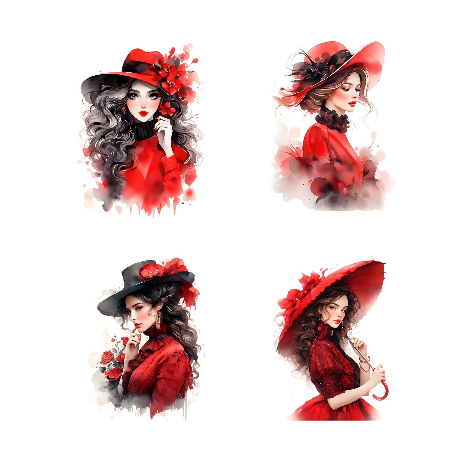 Lady in Red Dress Watercolor Clipart Bundle, Transparent PNG, Digital ...