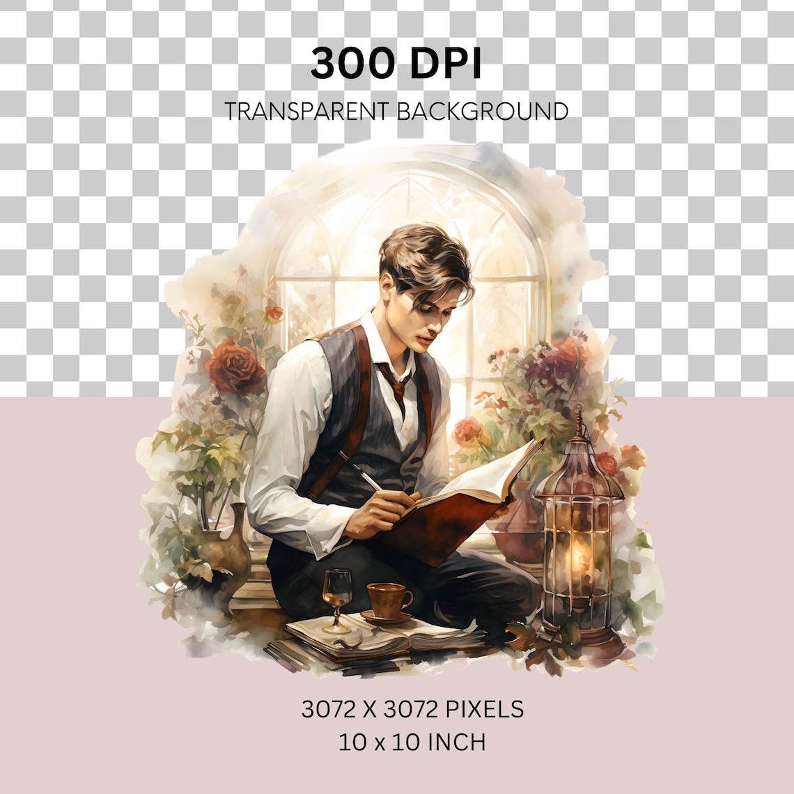 Victorian Man Reading Vintage Watercolor Clipart Bundle,transparent PNG ...