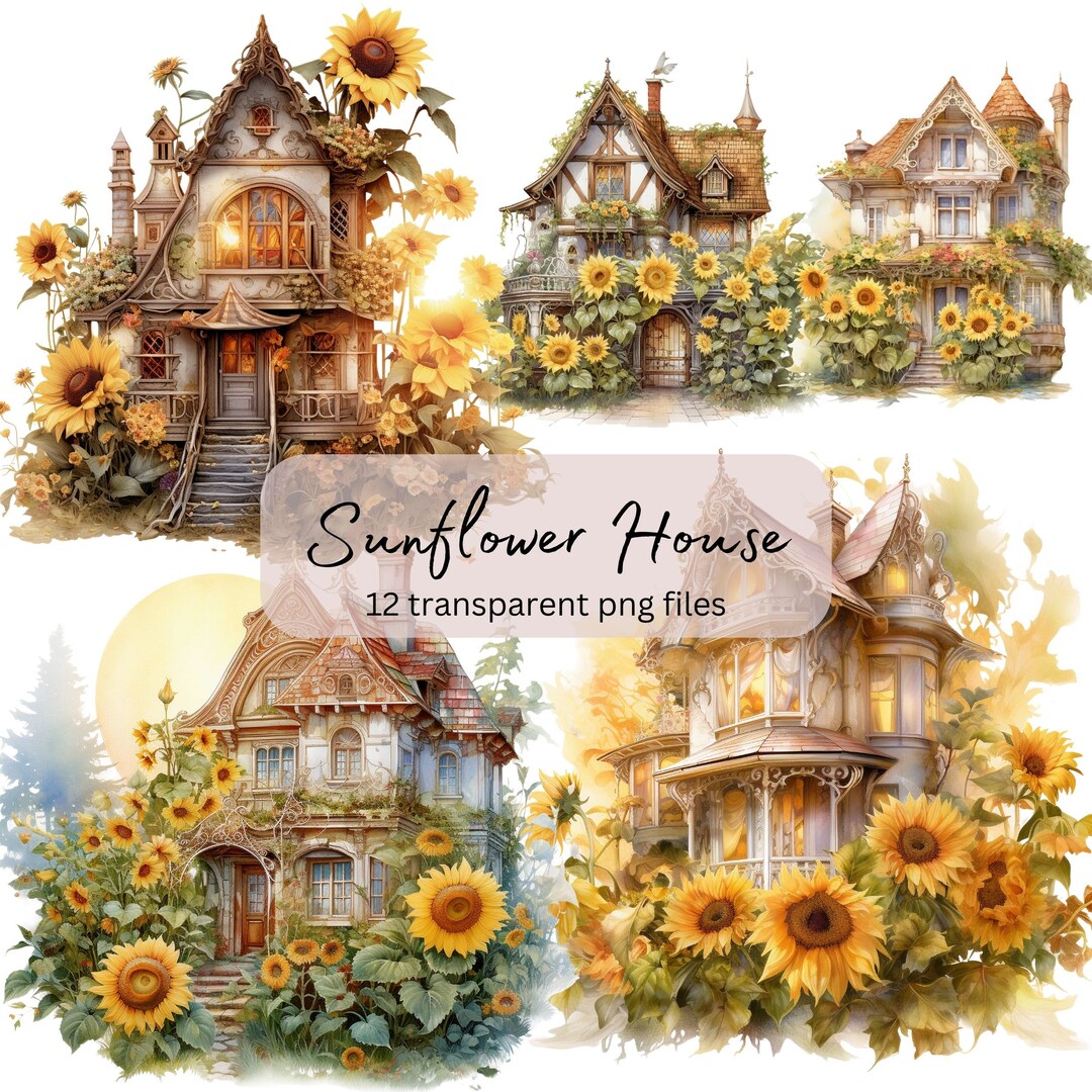 Sunflower House Watercolor Clipart Bundle, Transparent PNG, Fantacy ...