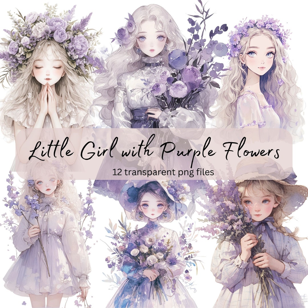 Little Girl Purple Flower Watercolor Clipart Bundle, Summer Kids ...