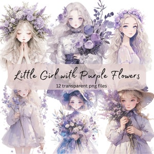 Little Girl Purple Flower Watercolor Clipart Bundle, Summer Kids ...