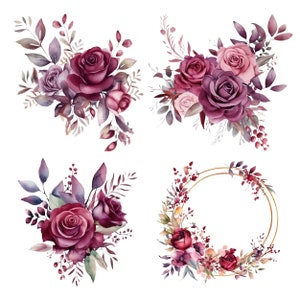 Burgundy Floral Watercolor Clipart Bundle, Transparent Png,digital ...
