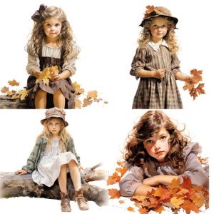 Autumn Retro Little Girl Watercolor Clipart Bundle, Transparent PNG ...