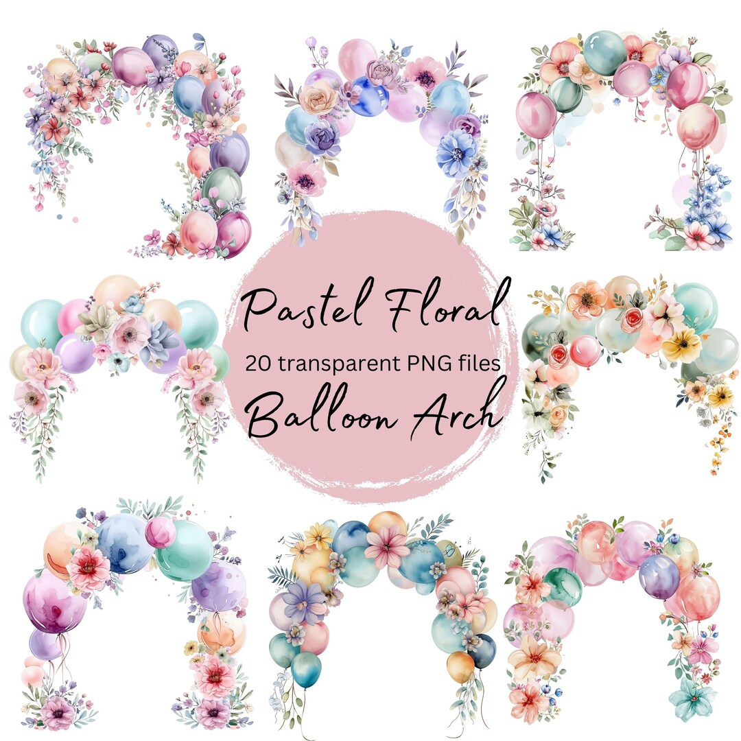 Pastel Floral Balloon Arch Watercolor Clipart Bundle, Transparent Png ...